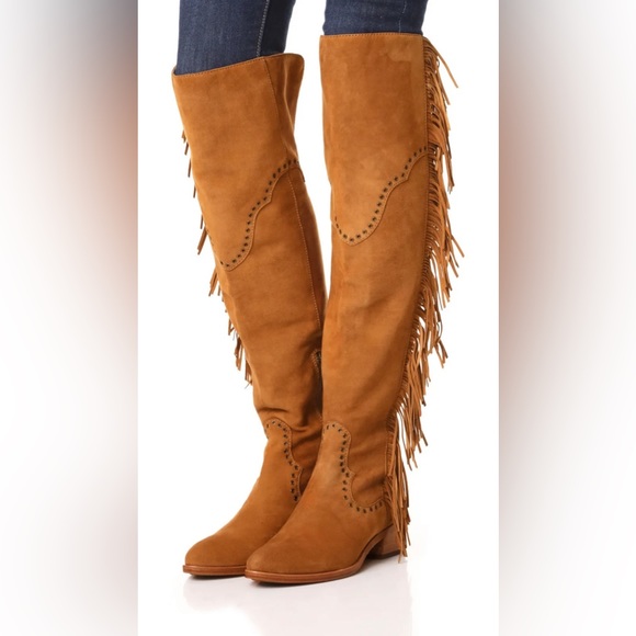 Frye | Shoes | Frye Suede Leather Boots Otk Tall Knee Fringe Ray Camel ...